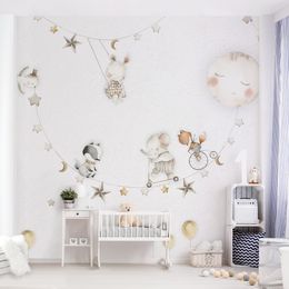 Bilderwelten Fototapete Verschlafene Zirkustiere am Trapez Aquarell - Babyzimmer Kinderzimmer - M&auml;dche Junge Vliestapete nach Ma&szlig; inkl. Kleister oder selbstklebend