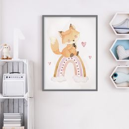 Bild mit Rahmen Fuchsbaby auf Regenbogen Rosa