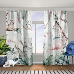 Bilderwelten Vorhang Aquarell Afrika Tiere - blickdichte Gardine Aquarell Wald B&auml;ume Kinder Kunstdruck Natur Kinderzimmer Baby Babyzimmer M&auml;dchen M&auml;dchenzimmer