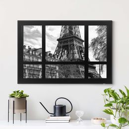 Bilderwelten Wechselbild Fensterausblick Paris - Nahe am Eiffelturm schwarz wei&szlig;