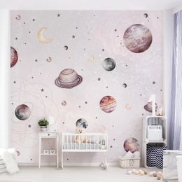Bilderwelten Fototapete Planeten, Mond Sterne Weltall Aquarell - Kinderzimmer Babyzimmer Jungenzimmer - Jungen Baby - Weltraum Space Sonnensystem Kindertapete