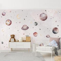 Bilderwelten Fototapete Himmel Illustration Aquarell pastell - Aquarell Planeten, Mond und Sterne - Himmel Kinderzimmer Baby M&auml;dchen Jungen