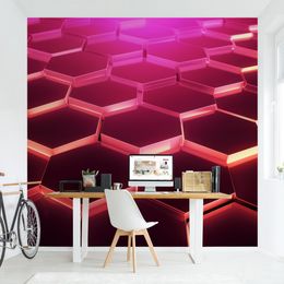 Fototapete Hexagone mit Neonlicht in Pink und Rot