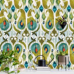 Bilderwelten Fototapete originell Orientalisch Wandtapete gr&uuml;n - Ikat Muster Indien gr&uuml;n - Deko Wohnzimmer Schlafzimmer