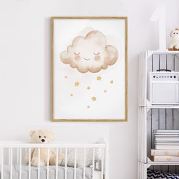 Bild mit Rahmen - Wolke mit Sternregen - originell beige modern Aquarell Himmel Kinderzimmer Baby M&auml;dchen Jungen