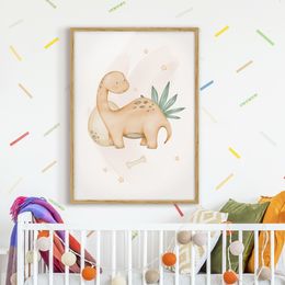 Bild mit Rahmen - Baby Brachiosaurus - originell orange modern Aquarell Dinosaurier Kinderzimmer Baby M&auml;dchen Jungen