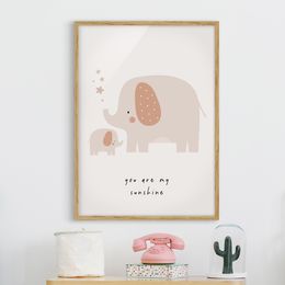Bilderwelten Bild mit Rahmen Tiere beige Illustration inkl. Rahmung - Boho Elefantenmama mit Baby - Himmel Kinderzimmer Baby M&auml;dchen Jungen