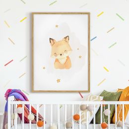Bilderwelten Bild mit Rahmen Tiere orange modern Aquarell - Fuchsbaby mit Sternen Rosa - Himmel Kinderzimmer Baby M&auml;dchen Jungen