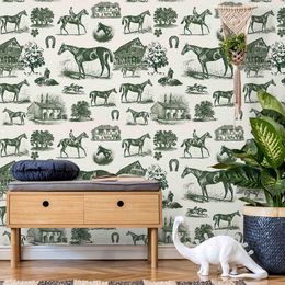 Bilderwelten Fototapete Tiere Vintage Wandtapete gr&uuml;n - Vintage Pferde Muster Dunkelgr&uuml;n - Retro Kinderzimmer Baby M&auml;dchen Jungen