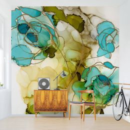 Bilderwelten Fototapete originell Abstrakt Aquarell t&uuml;rkis - Blumenfacetten in Aquarell - Deko Wohnzimmer Schlafzimmer