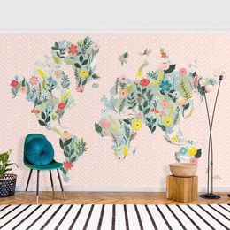 Bilderwelten Fototapete Florale Weltkarte T&uuml;rkis Blumen Pastell - Wohnzimmen Jugendszimmer - Motivtapete Vliestapete nach Ma&szlig; inkl. Kleister oder selbstklebend