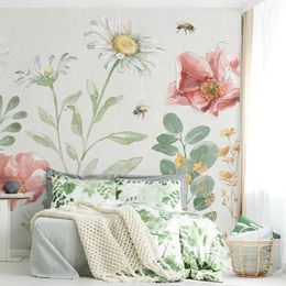 Fototapete Aquarell Blumenwiese mit Bienen