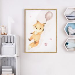 Bild mit Rahmen - Fuchsbaby mit Luftballon Rosa - Tiere orange modern Aquarell Herz Kinderzimmer Baby M&auml;dchen Jungen