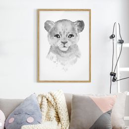 Bilderwelten Bild mit Rahmen Tiere schwarz weiss modern Aquarell - Portrait Baby L&ouml;win - L&ouml;we Kinderzimmer Baby M&auml;dchen Jungen