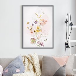 Bild mit Rahmen Aquarell Blumenranke mit Schmetterlingen