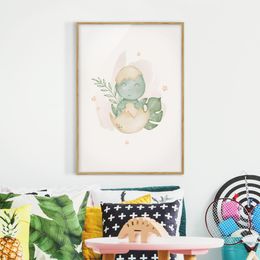 Bild mit Rahmen - Baby Dino - originell t&uuml;rkis modern Aquarell Dinosaurier Kinderzimmer Baby M&auml;dchen Jungen