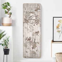 Bilderwelten Wandgarderobe beige Tiere Vintage Holzoptik - Welcome with Butterfly - Retro Garderobenpaneel Flur