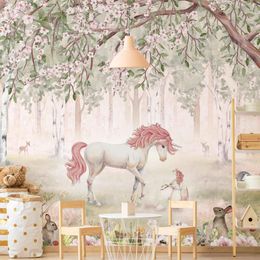 Bilderwelten Fototapete Wald modern Aquarell pastell - Magischer Wald mit gr&uuml;nen B&auml;umen - B&auml;ume Kinderzimmer Baby M&auml;dchen Jungen