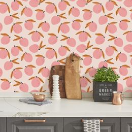 Bilderwelten Fototapete Pfirsisch Illustration Beige wei&szlig; Rosa K&uuml;che K&uuml;chentapete Trends Muster Mustertapete modern ausgefallen