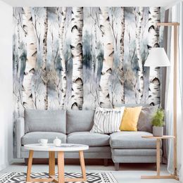 Bilderwelten Fototapete Wald Illustration Aquarell weiss - Aquarell Birkenwald im Winter - B&auml;ume Wohnzimmer Schlafzimmer