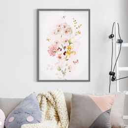 Bild mit Rahmen Aquarell Blumenranke mit Schmetterlingen und Libelle