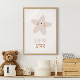 Bild mit Rahmen - Boho Stern - Super star - Spr&uuml;che beige Illustration inkl. Rahmung Himmel Kinderzimmer Baby M&auml;dchen Jungen