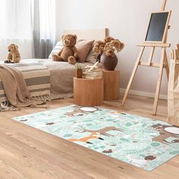Vinylteppich - Forest-Friends-mit-Waldtieren - Illustration gr&uuml;n Tiere Vinylmatte B&auml;r Kinderzimmer