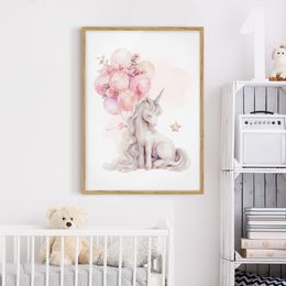 Bilderwelten Bild mit Rahmen Tiere rosa modern Aquarell - Einhorn und ein kleiner Stern - Himmel Kinderzimmer Baby M&auml;dchen Jungen