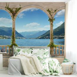 Bilderwelten Fototapete Natur Motiv Wandtapete blau - Ausblick auf den Comer See - Italien Wohnzimmer Schlafzimmer