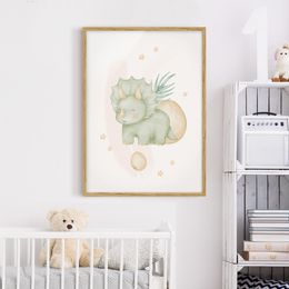 Bild mit Rahmen - Baby Triceratops - originell gr&uuml;n modern Aquarell Dinosaurier Kinderzimmer Baby M&auml;dchen Jungen