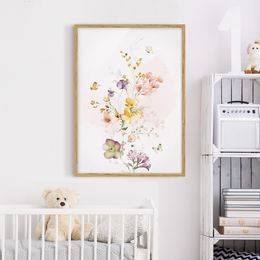 Bild mit Rahmen - Aquarell Blumenranke mit Schmetterlingen - Blumen rosa modern Aquarell Schmetterlinge Kinderzimmer Baby M&auml;dchen Jungen