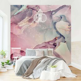 Fototapete Aquarell Pastell Rosa mit Gold - Vliestapete nach Ma&szlig; Aquarell Kunstdruck Wohnzimmer Schlafzimmer Pastell