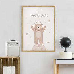 Bild mit Rahmen - Boho B&auml;r - Space adventure - Tiere beige Illustration inkl. Rahmung Himmel Kinderzimmer Baby M&auml;dchen Jungen