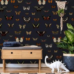 Bilderwelten Fototapete Vintage Schmetterlinge Dunkel Blau K&uuml;chentapete - K&uuml;che romantisch modern Wohnzimmer Schlafzimmer selbstklebend Vlies Muster Retro