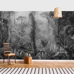 Fototapete Antiker Dschungel Schwarz Wei&szlig; - Vliestapete nach Ma&szlig; Wald B&auml;ume Botanik Tropical Kunstdruck Natur Vintage Wohnzimmer Schlafzimmer Bad