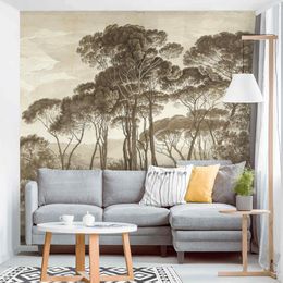 Bilderwelten Fototapete - selbstklebende Vliestapete - Tapete nach Ma&szlig; - Hendrik Voogd Landschaft mit B&auml;umen in Beige Sepia - Wald B&auml;ume - Schlafzimmer Wohnzimmer