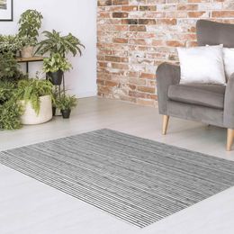 Vinylteppich - Holzwand mit schmalen Leisten schwarz wei&szlig; - Motiv grau Holzoptik Beton K&uuml;che Badezimmer Flur