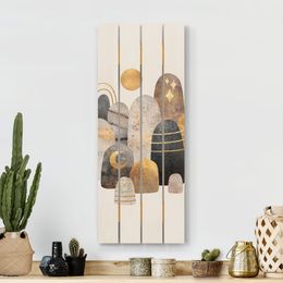 Bilderwelten Holzbild originell grau Abstrakt nat&uuml;rlicher Effekt - Gold Berge mit Mond - Deko Wohnzimmer Schlafzimmer