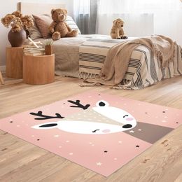 Vinylteppich - Gl&uuml;ckliches Reh - Illustration rosa Tiere Vinylmatte Hirsch Kinderzimmer