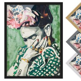 Bilderwelten Bild mit Rahmen Frida Kahlo Collage No.3 - gerahmte Wandbilder Print Kunstdruck Portrait Wohnzimmer Schlafzimmer K&uuml;che schwarzer Rahmen