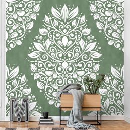 Bilderwelten Fototapete Gro&szlig;es Jugendstilmuster in Gr&uuml;ngrau Orientalisch,Muster Ornamente Wohnzimmer,Schlafzimmer Vliestapete inkl. Kleister oder selbstklebend
