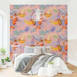 Bilderwelten Fototapete Farbenfrohe Quallen auf Rosa - Vliestapeten selbstklebend oder inkl. Kleister - Bildtapete - Wohnzimmer Schlafzimmer Tapeten
