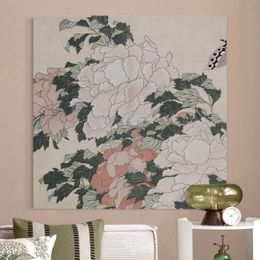 Akustikbild Katsushika Hokusai - Rosa Pfingstrosen mit Schmetterling
