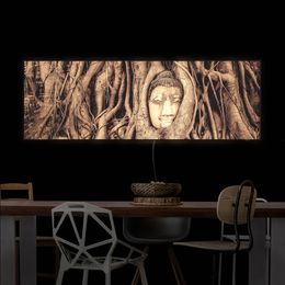 LED-Wechselbild Buddha in Ayutthaya von Baumwurzeln ges&auml;umt in Braun