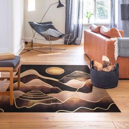 Bilderwelten Vinylteppich Abstrakt gold Natur Aquarell - Goldene Sonne abstrakte Berge - Landschaft K&uuml;che Badezimmer Flur