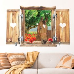 3D Wandtattoo Fenster mit Herz und Pferd Sommerwiese Fenster Wandsticker 3D-Optik Wandaufkleber Fenster Ausblick in S-XXL 3D-Effekt