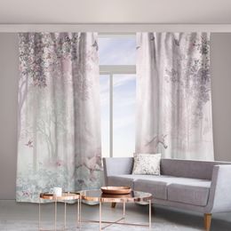 Vorhang Einhorn auf Blumenwiese in Rosa - blickdichte Gardine Illustration Kinder Tiere Kinderzimmer Baby Babyzimmer M&auml;dchen M&auml;dchenzimmer Rosa
