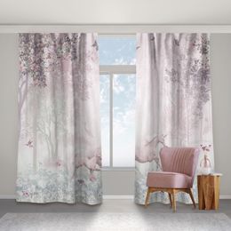Bilderwelten Vorhang Einhorn auf Blumenwiese in Rosa - blickdichte Gardine Illustration Kinder Tiere Kinderzimmer Baby Babyzimmer M&auml;dchen M&auml;dchenzimmer Rosa