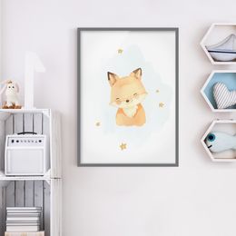 Bild mit Rahmen Fuchsbaby mit Sternen Blau