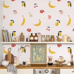 Bilderwelten Fototapete K&uuml;che Fr&uuml;chte Illustration Hellrosa K&uuml;chentapete Landhaus Zitrone Banana Kirsche Mustertapete wei&szlig; modern